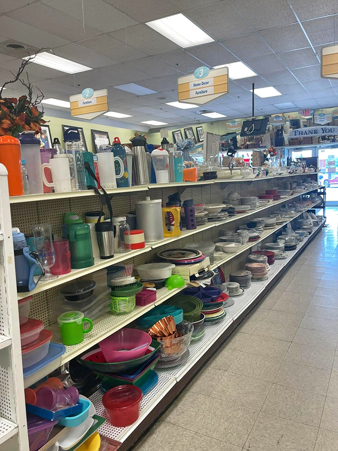 Kitchen treasures line these shelves like an archaeological dig through American culinary history. That Tupperware might be older than your kids!