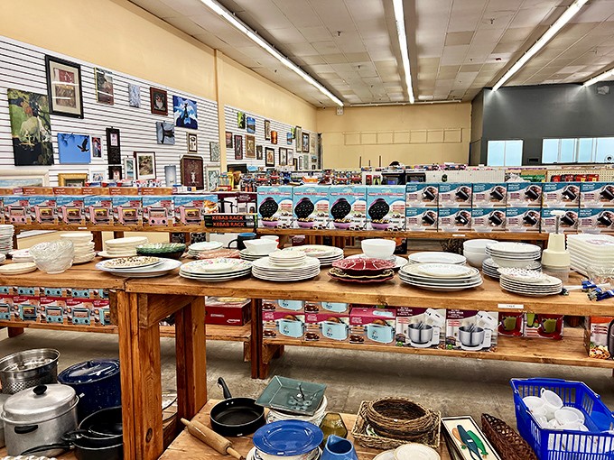 Kitchen paradise where plates, pots, and possibilities stack up. That vintage Pyrex might have served countless family dinners before finding its way to your table.