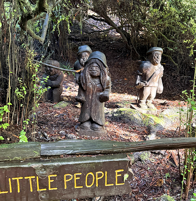 The "Little People" wood carvings along the trail offer a whimsical counterpoint to Paul's gigantic stature. Size matters in the redwoods!