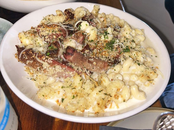 Mac and cheese gets the VIP treatment with burnt ends. It's what would happen if comfort food went to finishing school and came back with a PhD.