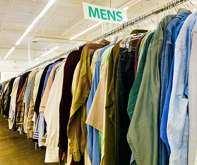 The men's section: where button-downs of every era hang together like a sartorial United Nations of style.