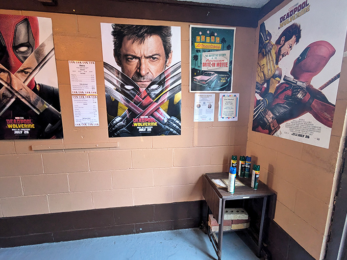 The concession building walls tell stories of adventures past with movie posters promising action, superheroes, and escapes from everyday life.
