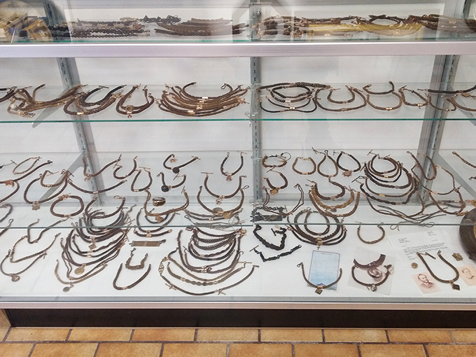 Not your typical jewelry counter! These intricate necklaces and bracelets were fashioned from human hair &ndash; Victorian bling at its finest.