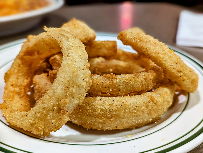 Onion rings that shatter with satisfying crispness, revealing sweet, tender onion within. The perfect companion for everything from burgers to solitary contemplation.