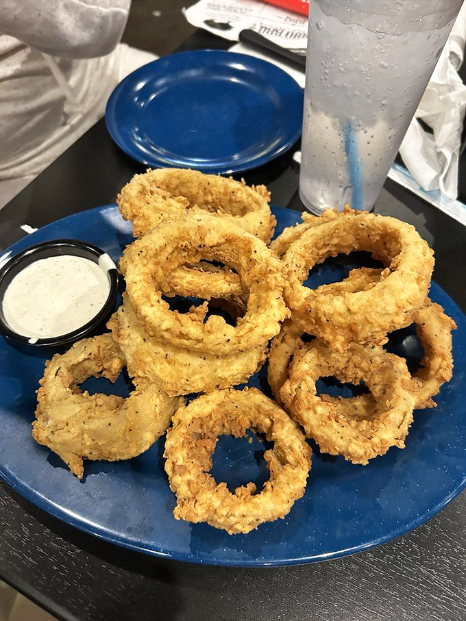 Onion rings that could make you forget your table manners. Double-breaded, golden-brown halos of happiness with ranch dipping sauce for good measure.