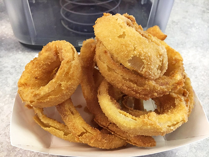 These onion rings create perfect circles of fried joy that would make geometry teachers weep with pride.