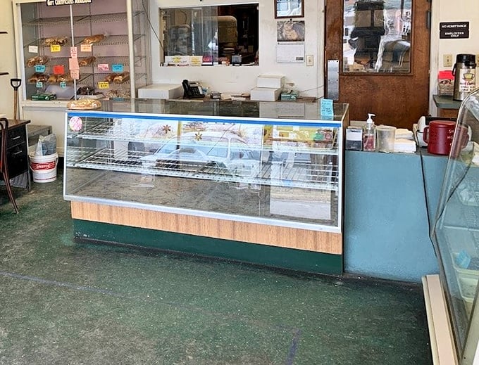 The display counter at My Old World Bakery&mdash;where dreams are displayed under glass and calories don't count if you eat standing up.