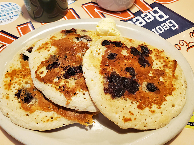 Blueberry pancakes with the perfect char marks&mdash;like edible evidence that someone in that kitchen really, really cares about your happiness.