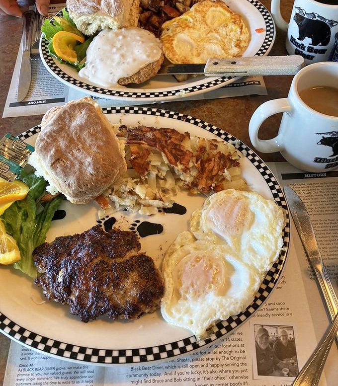 Breakfast perfection on a plate: where eggs, hash browns, and biscuits come together in a morning symphony that makes roosters crow with envy.