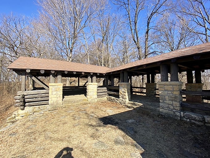 Winter reveals the bones of this sturdy CCC pavilion, built to withstand both Midwestern weather and generations of family reunions with questionable potato salad.