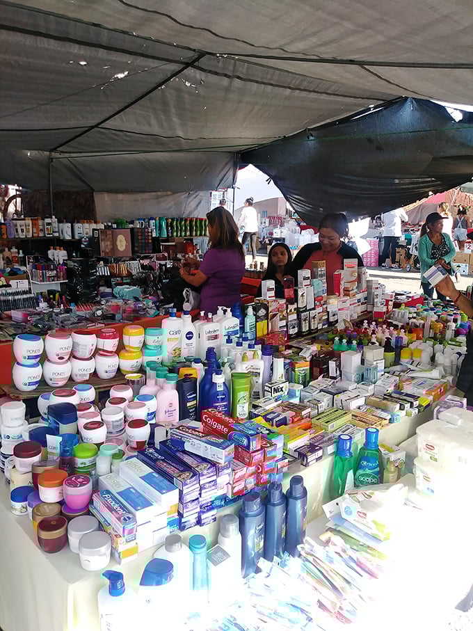 Personal care products arranged with the enthusiasm of someone who believes organization is next to godliness. Toothpaste has never looked so tempting.