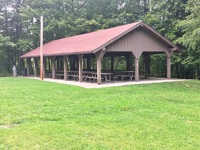 
This picnic shelter isn't just practical&mdash;it's the backdrop for countless family reunions where potato salad stories become family lore. 