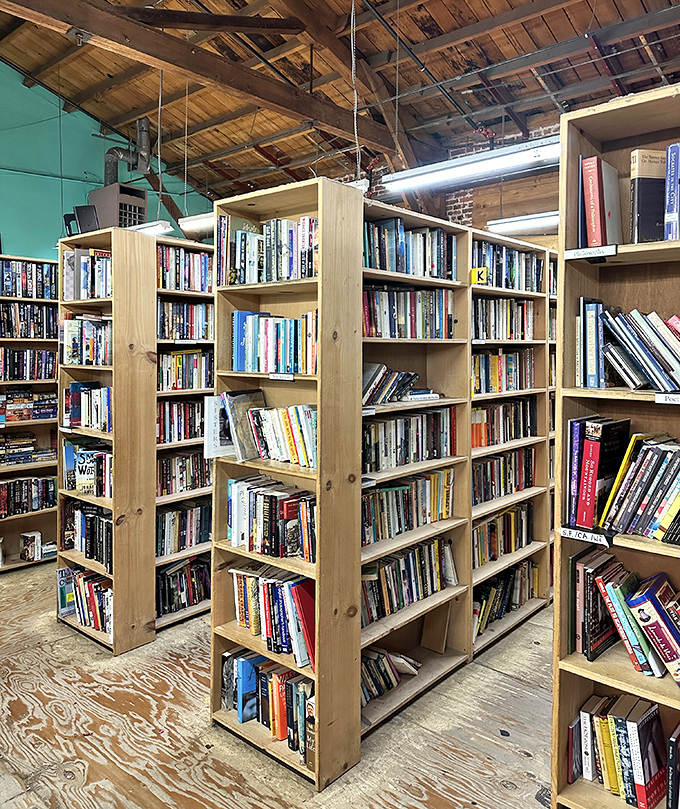 Books stacked with the precision of a library but priced like a garage sale. Literary gold mines hiding between forgotten bestsellers.