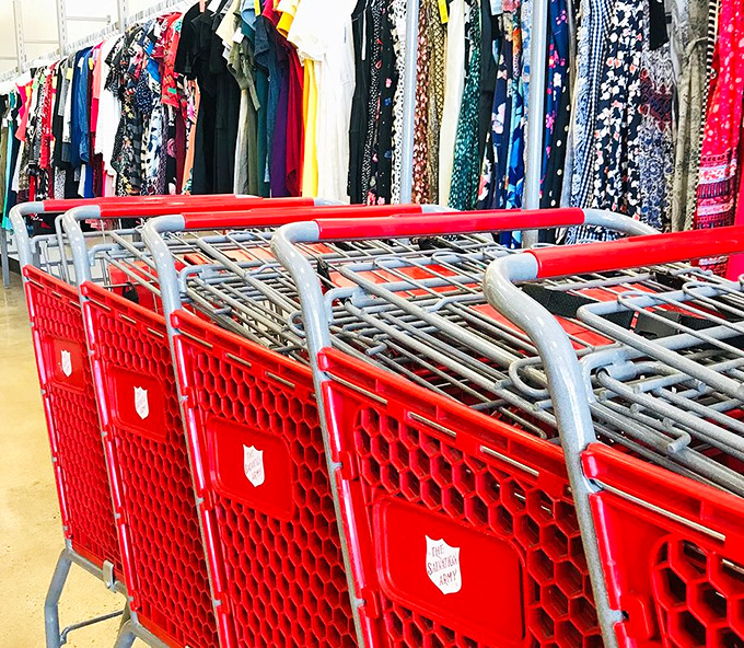 The chariots of thrift store victory await their next commander. These red carts have witnessed countless "Eureka!" moments among the racks.