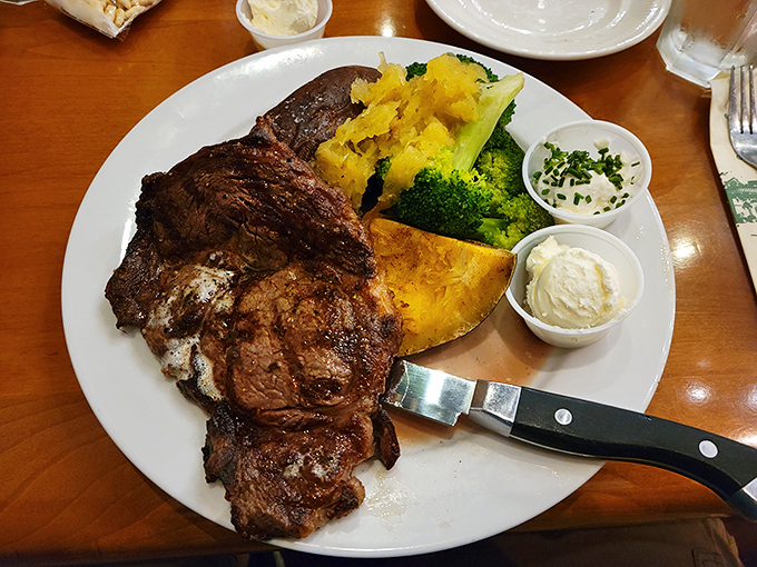 Behold: the ribeye that launched a thousand road trips. This magnificent specimen is why California drivers willingly exit the interstate.