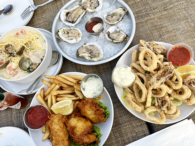 A seafood spread that would make Neptune himself put down his trident and pick up a fork. Fresh oysters, calamari, and chowder&mdash;the holy trinity.