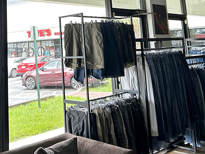 Window shopping takes on new meaning with these perfectly arranged pants. Like sentinels guarding the entrance, they beckon passersby with promises of affordable style upgrades.