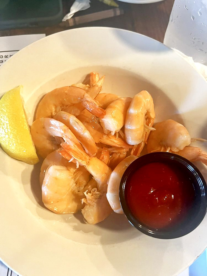 Boiled shrimp so fresh they practically introduce themselves. Just a squeeze of lemon and that cocktail sauce is all the accessorizing they need.
