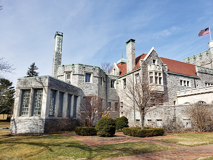 The castle's intricate stonework and architectural details reveal themselves from this angle. Medieval craftsmanship meets American ingenuity in spectacular fashion.