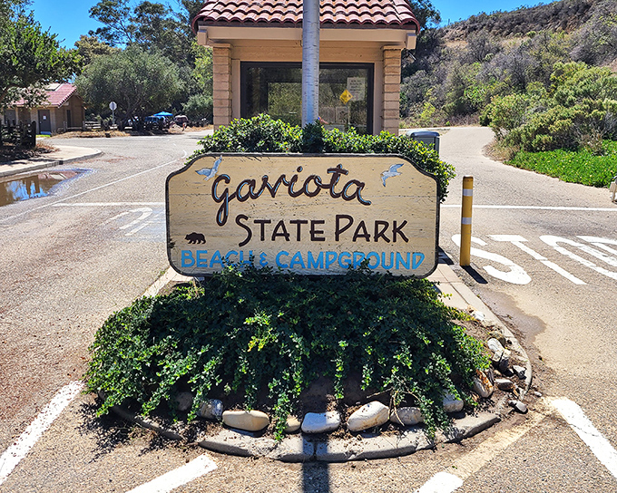 The entrance sign promises exactly what you'll find: a perfect marriage of beach and campground that somehow escaped the Instagram influencer invasion.