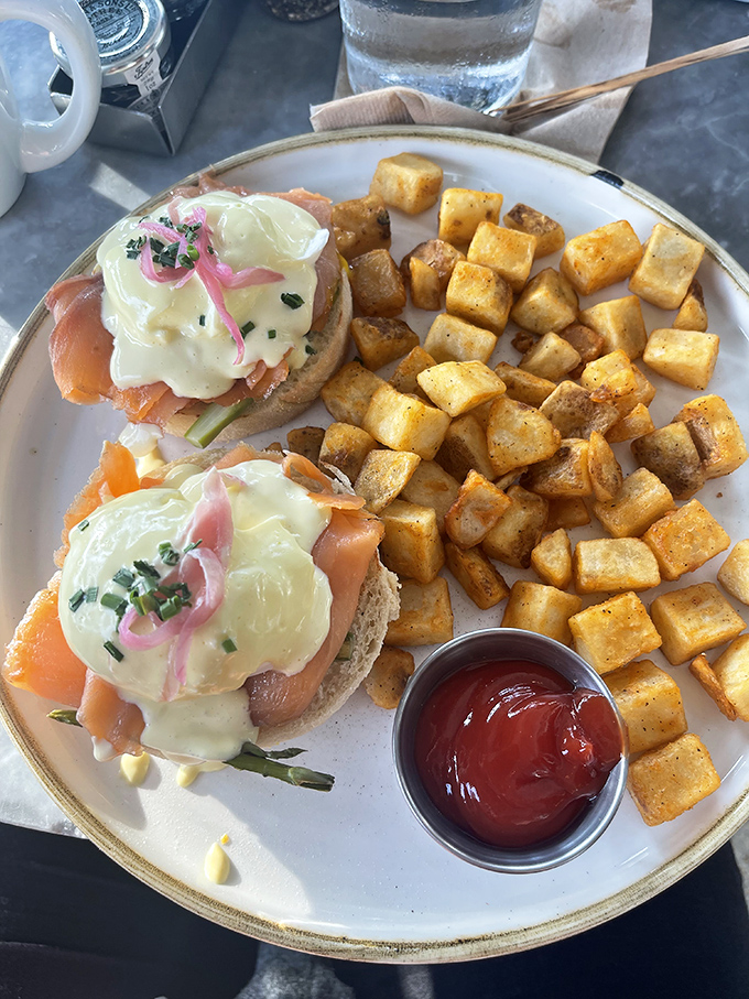 The star of the show: Smoked Salmon Benedict with perfectly poached eggs. Those home fries could start their own fan club.