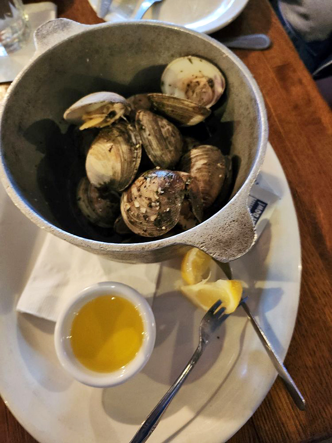 Steamed clams served with melted butter—nature's perfect delivery system for garlic and butter. Simple pleasures are often the most profound.