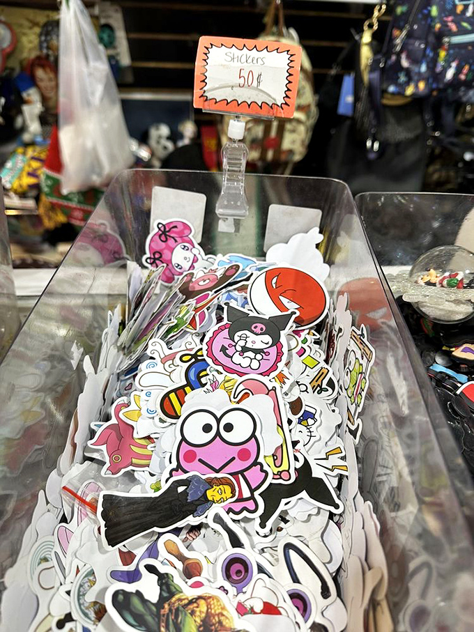 Sticker hunters, rejoice! This transparent treasure chest holds cartoon characters for just 50 cents each. Analog joy in a digital world.