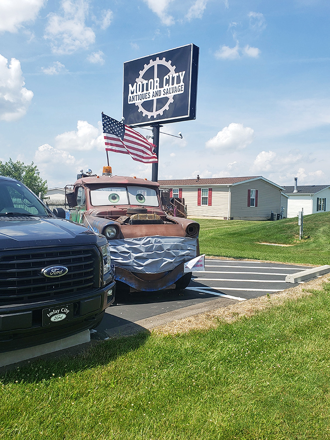 The iconic Motor City signage beckons collectors like a siren song, promising automotive nostalgia and industrial charm.