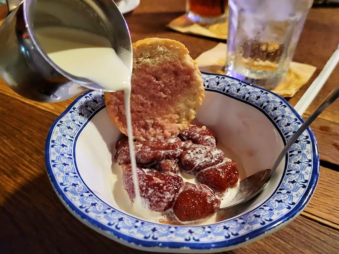 Sweet meets sweeter. Nothing says "I love you" like pouring cream over fresh berries and homemade cake in blue-and-white china.