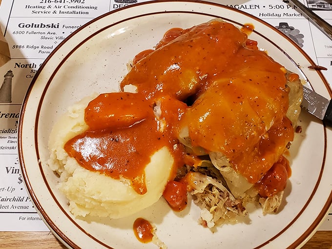 Stuffed cabbage bathed in rich tomato sauce alongside creamy mashed potatoes – the kind of plate that makes you want to hug the chef.