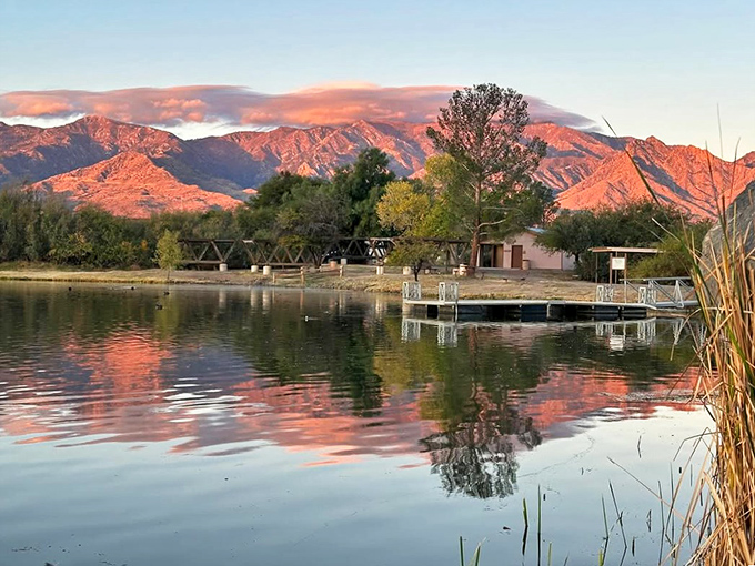 Sunset magic hour transforms the ordinary into extraordinary – mountains blush pink while the pond captures every color change like nature's own Instagram filter.