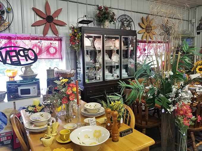 Country charm meets practical functionality in displays that would make Martha Stewart reach for her wallet. Every table setting tells a potential story.