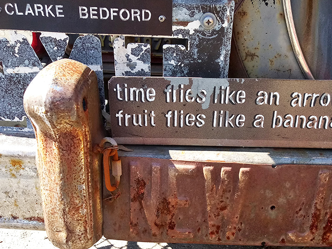 Philosophy meets rust in this poetic corner. Time flies like an arrow, fruit flies like a banana, and visitors fly in from miles away.