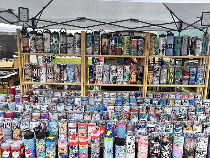 A rainbow arsenal of modern tumblers stands in stark contrast to the vintage surroundings &ndash; proof that Leighty's spans generations of American consumerism.