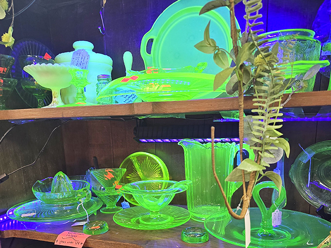 Uranium glass glows an otherworldly green under black light&mdash;part science experiment, part vintage treasure, all conversation starter for your next dinner party.