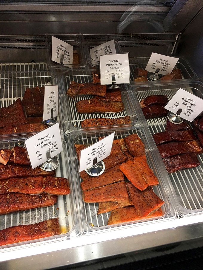 The display case &ndash; a smoky seafood jewelry box where salmon varieties in shades from pale coral to deep mahogany tempt you like an edible color wheel.