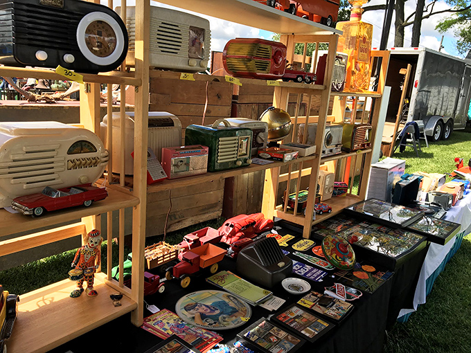 Radio days come alive at this booth of vintage electronics. Before streaming and smartphones, these wooden beauties were the heart of family entertainment.