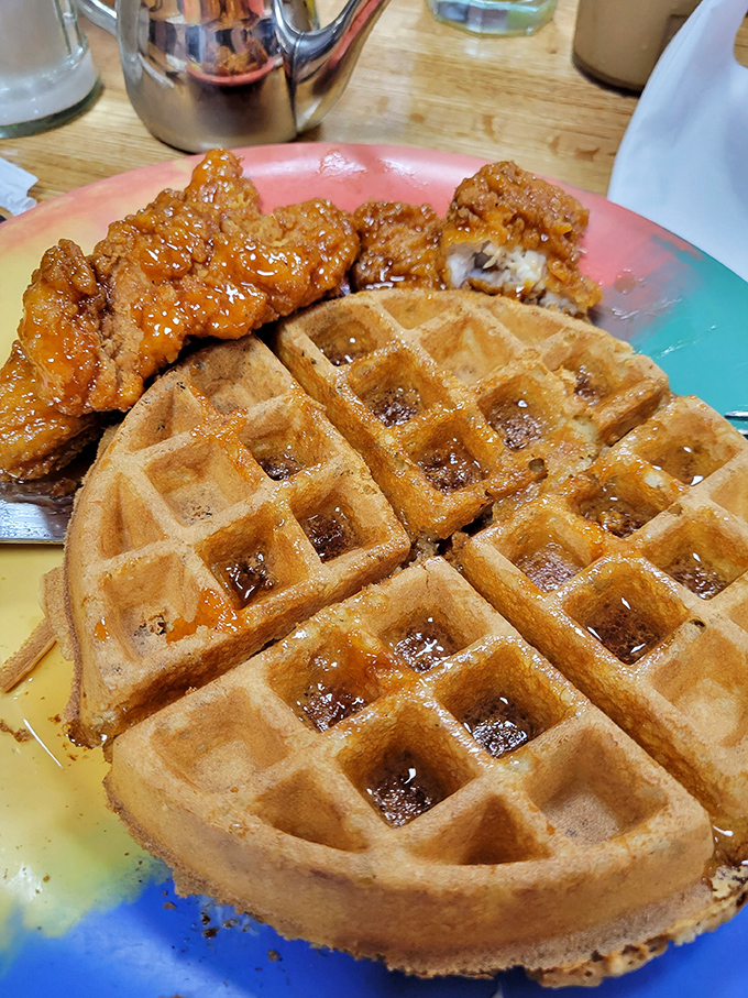 Golden waffles with crispy chicken&mdash;the breakfast-lunch alliance that proves some of history's greatest partnerships involve maple syrup. 