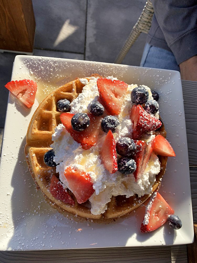 Breakfast nirvana achieved! A golden waffle crowned with fresh berries and whipped cream &ndash; proof that mornings in Lancaster County deserve to be celebrated.