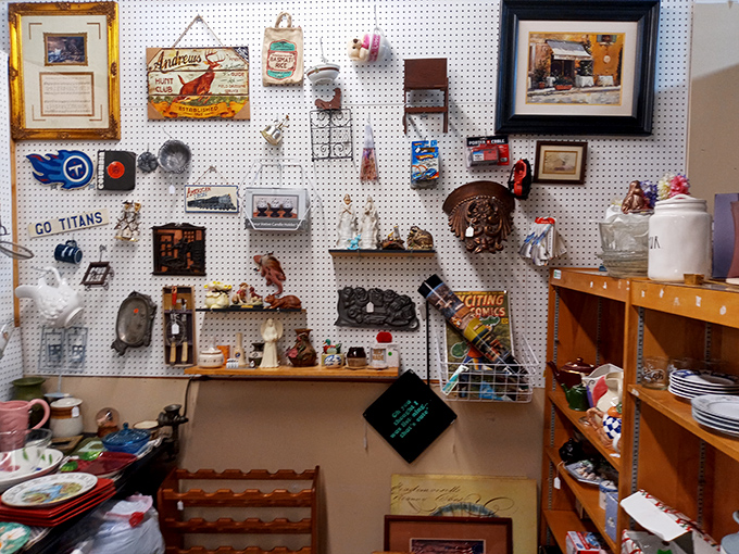 Wall-to-wall nostalgia! From Titans memorabilia to vintage signs, this pegboard gallery has something to trigger everyone's "I remember that!" reflex.