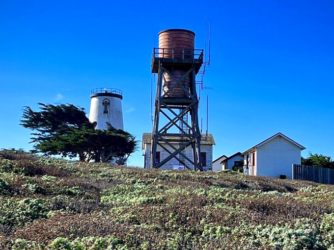 The old water tower stands guard like a rusty sentinel, adding character to an already photogenic coastline.