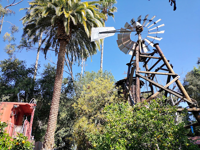 California dreaming meets prairie practicality. This windmill stands sentinel among palm trees&mdash;perhaps the most SoCal castle feature ever constructed.