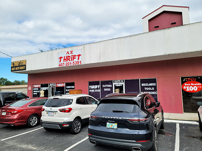 AZ Thrift's vibrant pink exterior hints at the colorful treasures waiting inside this Kissimmee bargain haven.