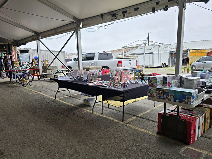 Austin Country Flea Market's covered walkways keep shoppers comfortable in any weather. The perfect spot to find that vintage concert t-shirt you regret not buying in 1978!