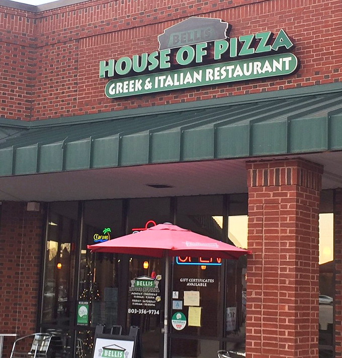 Bellis' brick fa&ccedil;ade and green awning create the perfect neighborhood spot for pizza that tastes like a Greek vacation.