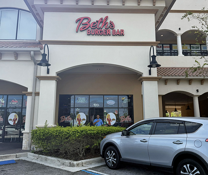 Beth's Burger Bar's bright signage stands out in this shopping center. Sometimes the best burgers hide in plain sight!