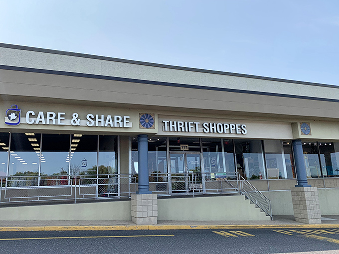 Care & Share's distinctive blue columns welcome thrifters to a multi-building complex. This isn't just shopping&mdash;it's an expedition!