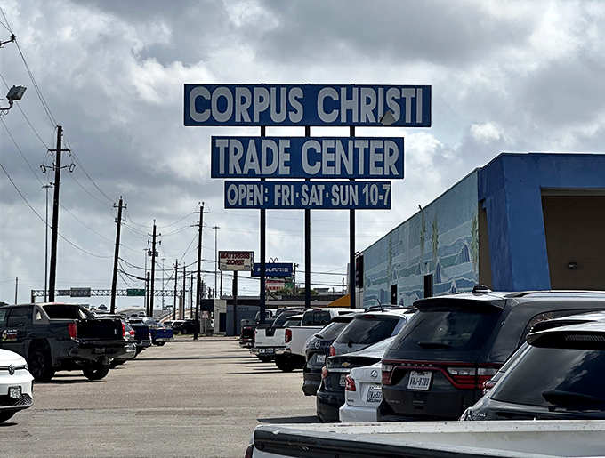 Bold blue welcome! Corpus Christi Trade Center's entrance promises air-conditioned comfort for your bargain hunting adventures.