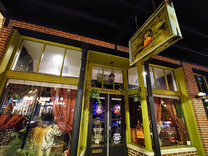 Dysfunctional Grace's tiger-lady sign hints at the theatrical wonders inside. Ybor City's brick buildings hide the most fascinating treasures!