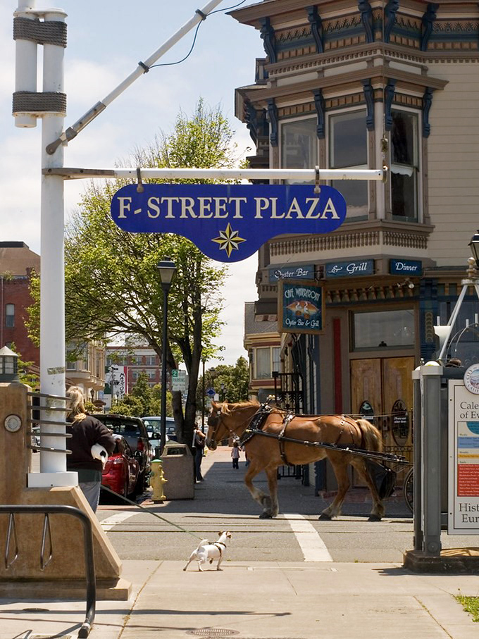 F Street Plaza welcomes visitors to Eureka with Victorian charm and the occasional horse-drawn carriage.